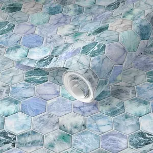 Spoonflower Ice Blue Geometric Marble Tiles Honeycomb Hexagon Traditional Wallpaper - Blue,white