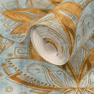 Spoonflower Worn Grey And Bronze Art Deco Stylized Lotus 100% Natural Sisal Grasscloth Wallcovering Gray,grey