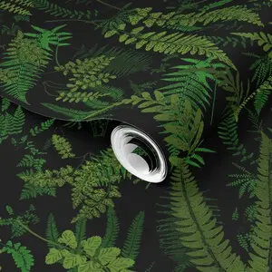 Spoonflower Fern Botanical Deep Black Green Leaves Forest Traditional Wallpaper - Black,green