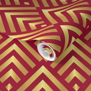 Spoonflower Christmas Art Deco Pattern Geometric Red Gold Custom Pre-pasted Wallpaper - Red,gold,brown
