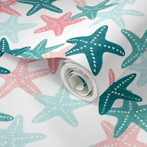 Spoonflower Starfish Teal Summer Beach Traditional Wallpaper - Pink,blue,white