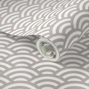 Spoonflower White Warm Gray Scallop Circle Wave Scale Japanese Custom Removable Wallpaper - Gray,white