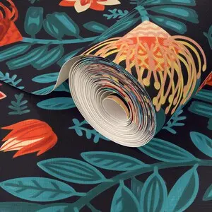 Spoonflower Non Directional Protea Chintz Large Scale 100% Natural Sisal Grasscloth Wallcovering - Red