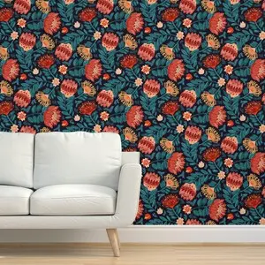 Spoonflower Non Directional Protea Chintz Large Scale 100% Natural Sisal Grasscloth Wallcovering