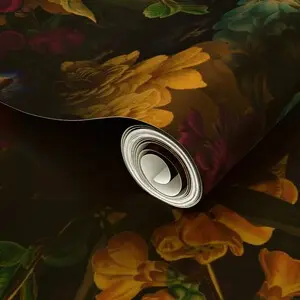 Spoonflower Burgundy English Rose Night Flowers Flower Garden Custom Removable Wallpaper - Blue