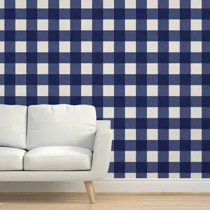 Spoonflower New Gingham Royal 100% Natural Sisal Grasscloth Wallcovering