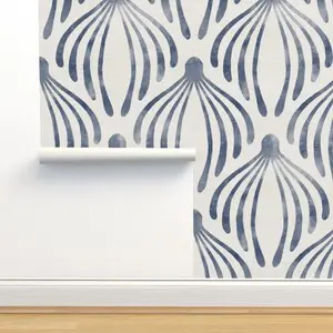 Spoonflower Octopus Damask Navy 100% Natural Sisal Grasscloth Wallcovering