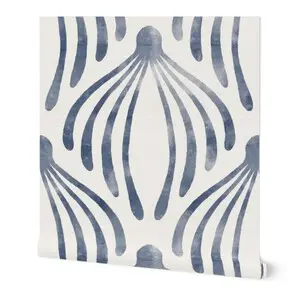 Spoonflower Octopus Damask Navy 100% Natural Sisal Grasscloth Wallcovering