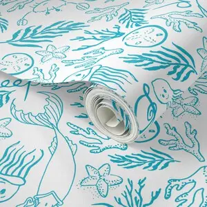 Spoonflower Sealife Seaweed Mermaids Octopus Mermaid Jellyfish Custom Pre-pasted Wallpaper - Blue,green