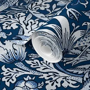 Spoonflower Strawberry Angel Damask Classic Floral Bird 100% Natural Sisal Grasscloth Wallcovering - Blue