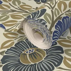 Spoonflower Zinnia Tile In 100% Natural Sisal Grasscloth Wallcovering - Blue
