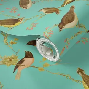 Spoonflower Australia Robins Birds Custom Pre-pasted Wallpaper - Blue,brown,green