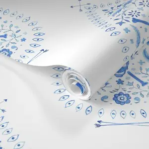 Spoonflower Paisley Skull Arrows Pirate Crossbones Boho Block Custom Removable Wallpaper - Blue