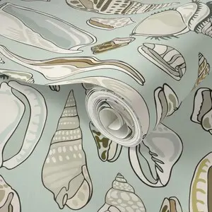 Spoonflower Aqua Beach Ocean Nautical Shells Coastal Traditional Wallpaper - Sage,green,gray