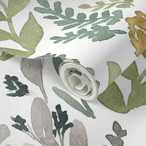 Spoonflower Spring Leaves Green Botanical Modern Custom Pre-pasted Wallpaper - Green,gray
