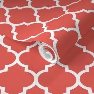 Spoonflower Moroccan Quatrefoil Lattice Coral Pink Custom Pre-pasted Wallpaper Pink,white,brown