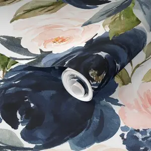 Spoonflower Beach Blossoms White Custom Pre-pasted Wallpaper - Blue,beige,white