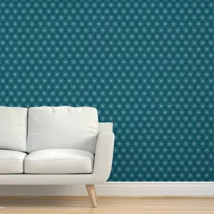 Spoonflower Mid Century Starburst Floral Blue Teal Custom Pre-pasted Wallpaper - Blue,orange