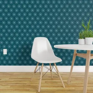 Spoonflower Mid Century Starburst Floral Blue Teal Custom Pre-pasted Wallpaper - Blue,orange