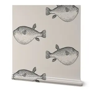 Spoonflower Blowfish Puffer Fish Masculine Nautical Beach Custom Removable Wallpaper - Black