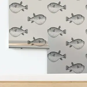 Spoonflower Blowfish Puffer Fish Masculine Nautical Beach Custom Removable Wallpaper - Black