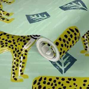 Spoonflower Animal Africa Cheetah Safari Linocut Cheetahs Custom Removable Wallpaper - Green,brown
