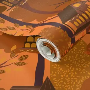 Spoonflower Tree Houses In The Afternoon Custom Removable Wallpaper - Brown,orange