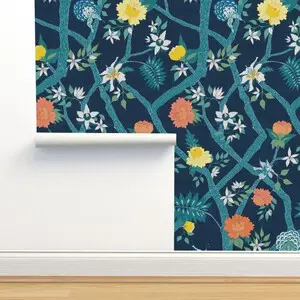 Spoonflower Orange Yellow On Navy 100% Natural Sisal Grasscloth Wallcovering
