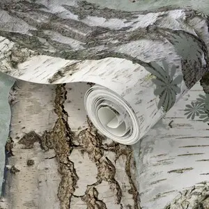 Spoonflower Nature Forest Tree Birch Wood Texture Woods Custom Pre-pasted Wallpaper - Gray,brown