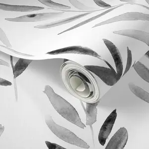 Spoonflower Black White Leaves Grey Forest Branch Leaf Traditional Wallpaper - Black,white,gray