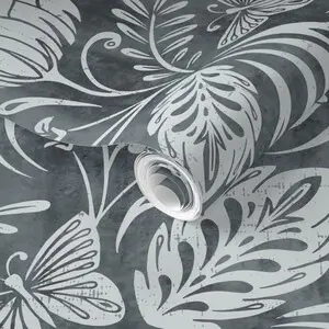 Spoonflower Damask Slate Gray Vintage Flowers Butterflies Custom Pre-pasted Wallpaper Gray,blue,white