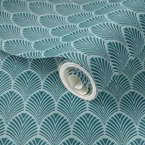 Spoonflower Teal Art Deco Fan Traditional Wallpaper - Blue,green,turquoise