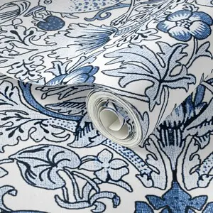 Spoonflower Bird Blue Floral Damask Classic And White Morris Custom Removable Wallpaper - Blue,white