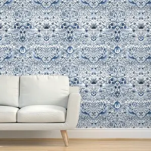 Spoonflower Bird Blue Floral Damask Classic And White Morris Custom Removable Wallpaper - Blue,white