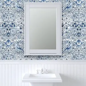 Spoonflower Bird Blue Floral Damask Classic And White Morris Custom Removable Wallpaper - Blue,white