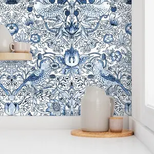 Spoonflower Bird Blue Floral Damask Classic And White Morris Custom Removable Wallpaper - Blue,white