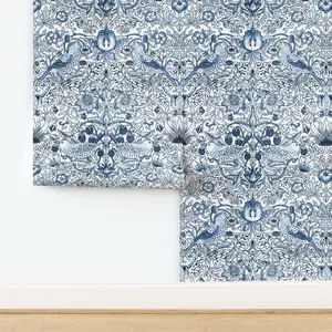 Spoonflower Bird Blue Floral Damask Classic And White Morris Custom Removable Wallpaper - Blue,white