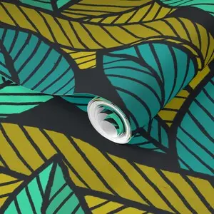 Spoonflower Leaf Palm Traditional Wallpaper - Teal,yellow,green