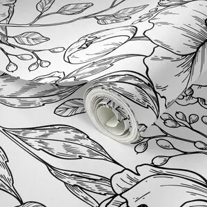Spoonflower Black And White Botanical Flower Peony Vintage Custom Removable Wallpaper - Gray