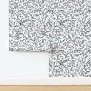 Spoonflower Black And White Botanical Flower Peony Vintage Custom Removable Wallpaper - Gray