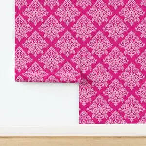 Spoonflower Damask Pattern Custom Pre-pasted Wallpaper - Pink