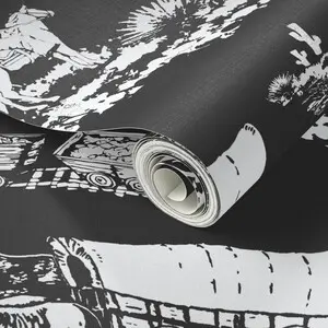 Spoonflower Black Western Wheels Toile Cowboy Country Horse Custom Pre-pasted Wallpaper - Black,white,gray