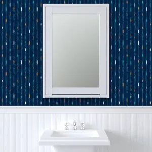 Spoonflower White Stripe Blue Retro Orange Turquoise Geometric Custom Pre-pasted Wallpaper - Blue,beige