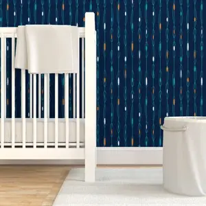 Spoonflower White Stripe Blue Retro Orange Turquoise Geometric Custom Pre-pasted Wallpaper - Blue,beige