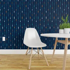 Spoonflower White Stripe Blue Retro Orange Turquoise Geometric Custom Pre-pasted Wallpaper - Blue,beige