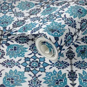 Spoonflower Tile Ice Persian Moroccan Antique Blue Cobalt Custom Pre-pasted Wallpaper - Blue,white,black