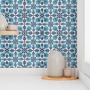 Spoonflower Tile Ice Persian Moroccan Antique Blue Cobalt Custom Pre-pasted Wallpaper