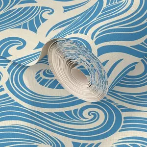 Spoonflower Ocean Waves Cerulean 100% Natural Sisal Grasscloth Wallcovering