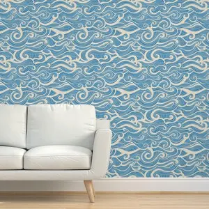 Spoonflower Ocean Waves Cerulean 100% Natural Sisal Grasscloth Wallcovering