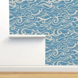 Spoonflower Ocean Waves Cerulean 100% Natural Sisal Grasscloth Wallcovering